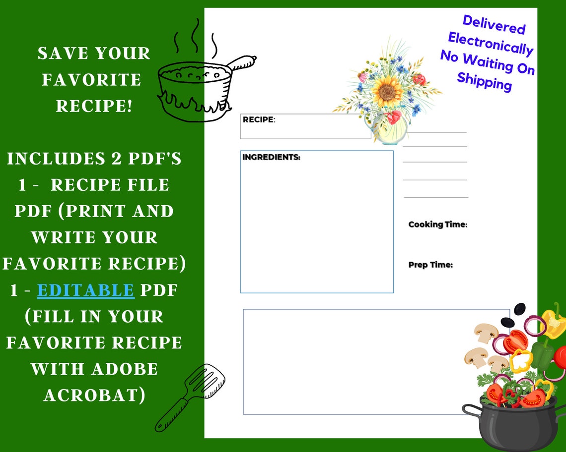 Editable Recipe Page Template PDF'S, Editable Recipe Adobe PDF, Recipe ...