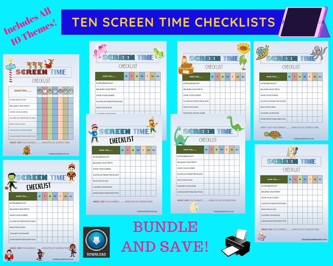 Screen Time Checklist for Kids / Digital Printable / Encourage Earning ...