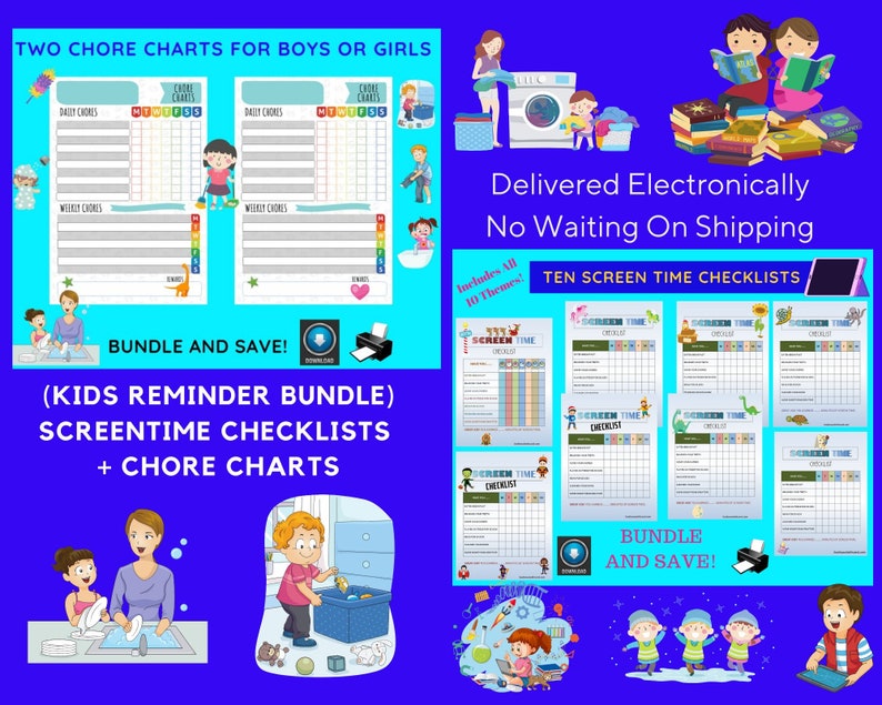 Kids Reminder Checklist Bundle! Two Chore Charts and Ten Screen Time ...