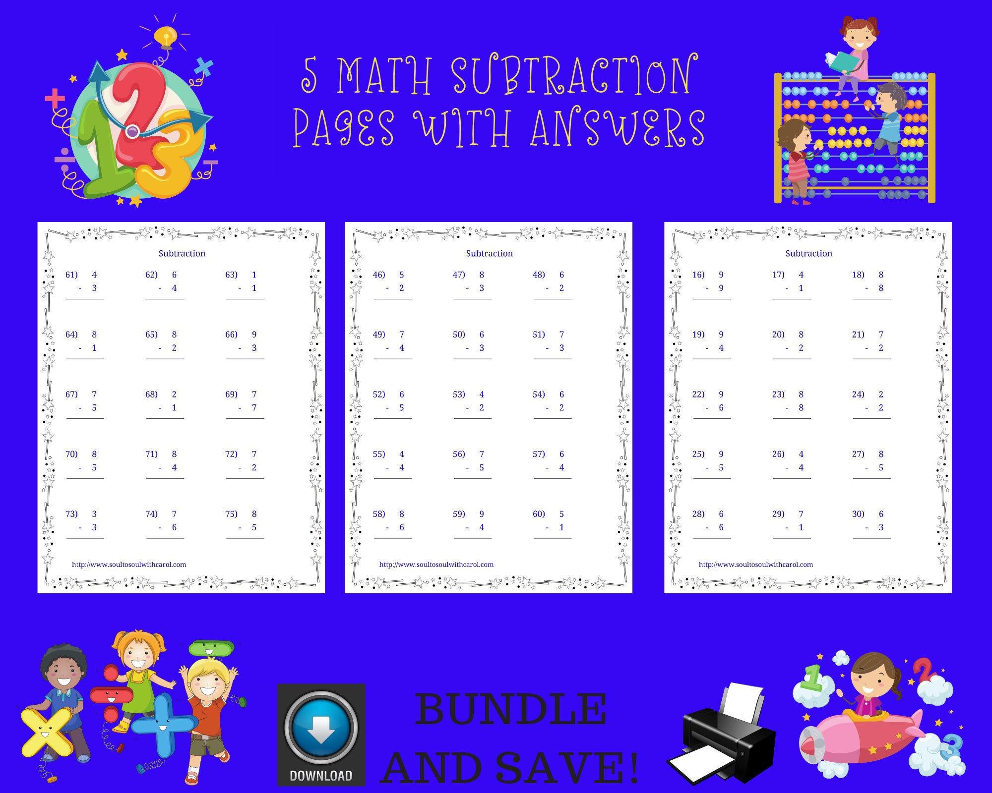 Five Math Subtraction Worksheets With Answers / Wand Borders / Math ...