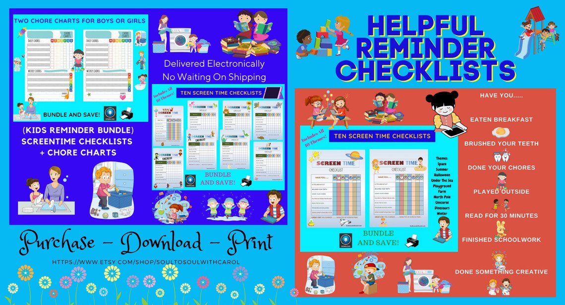 Kids Reminder Checklist Bundle Two Chore Charts and Ten Screen Time ...