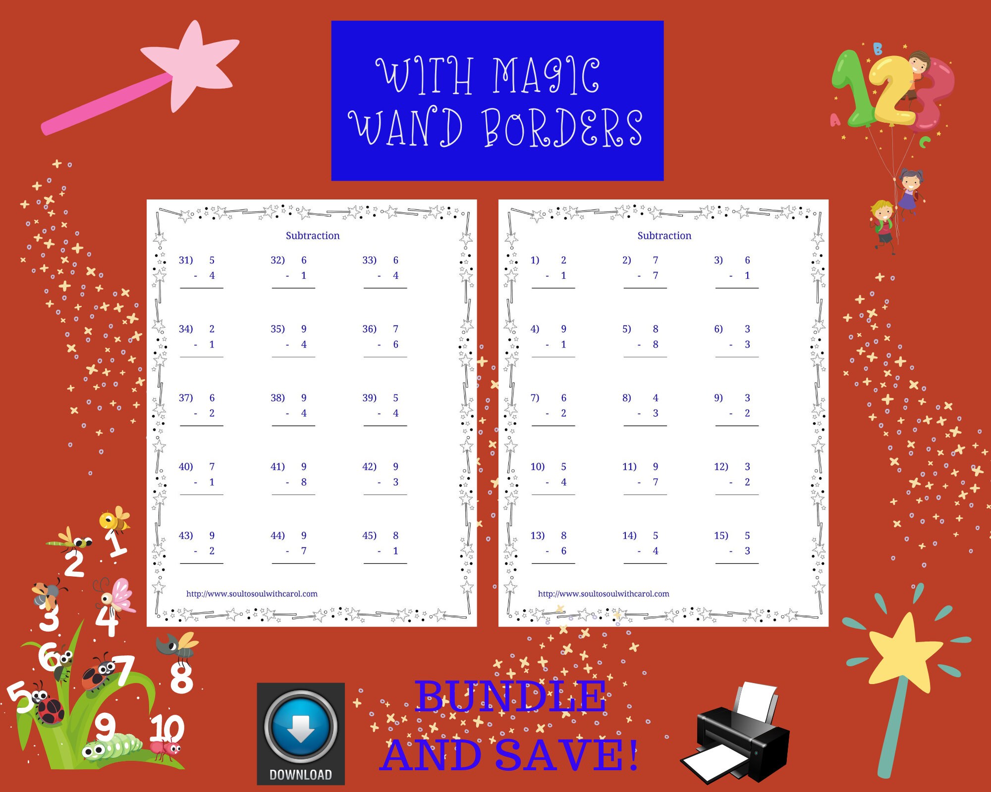 Five Math Subtraction Worksheets With Answers / Wand Borders / Math ...