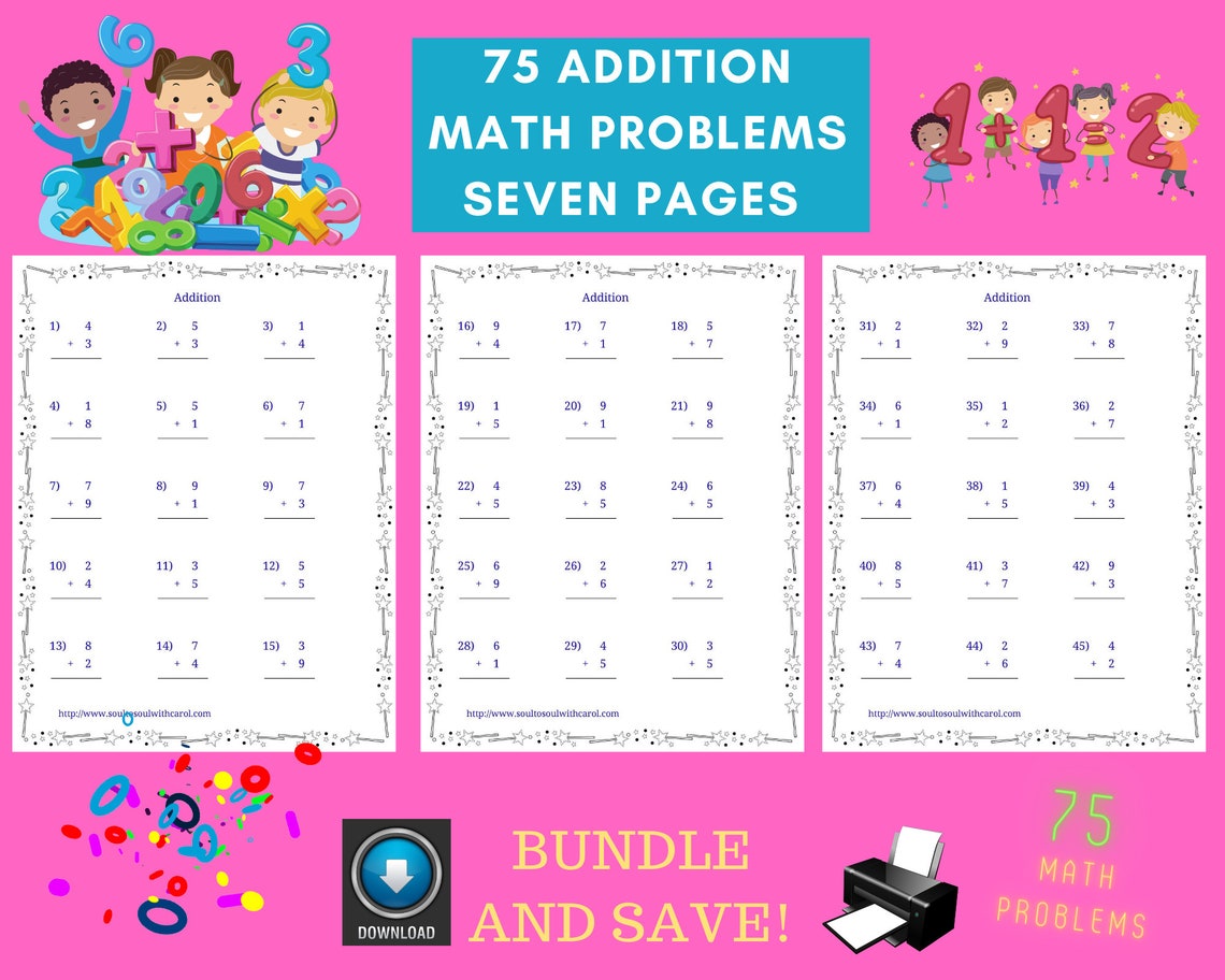 75 Addition Math Problems, Homeschooling Math Worksheets, Teacher ...