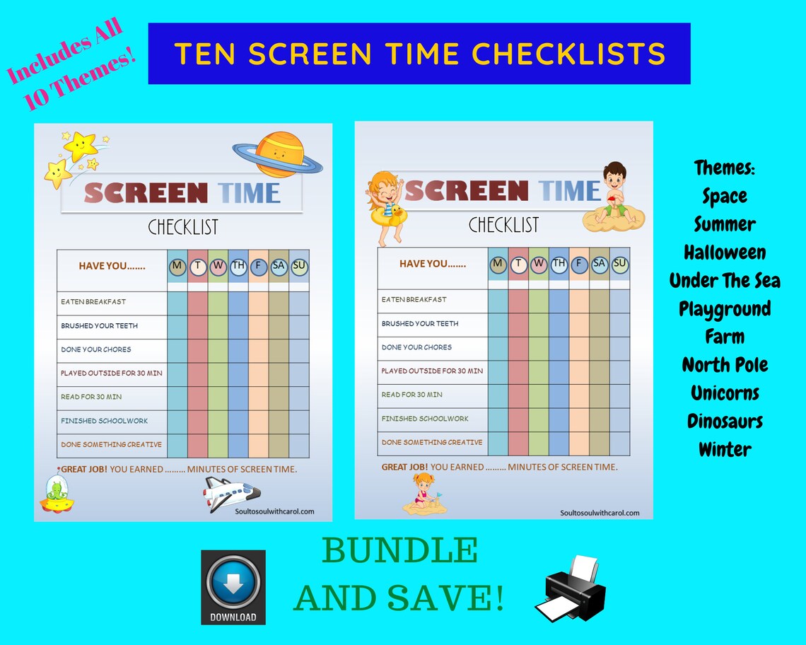 Screen Time Checklist for Kids / Digital Printable / Encourage Earning ...