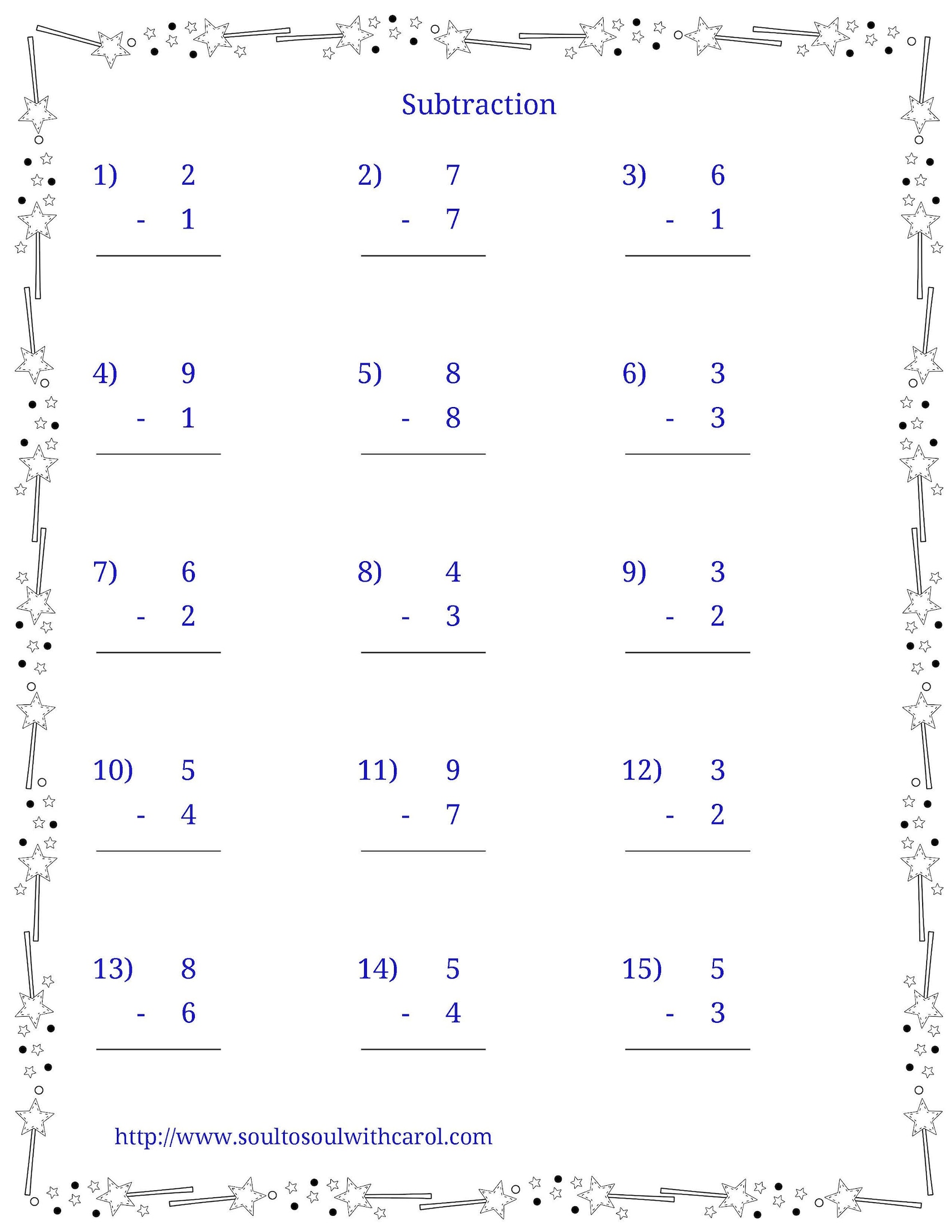 Five Math Subtraction Worksheets With Answers / Wand Borders / Math ...