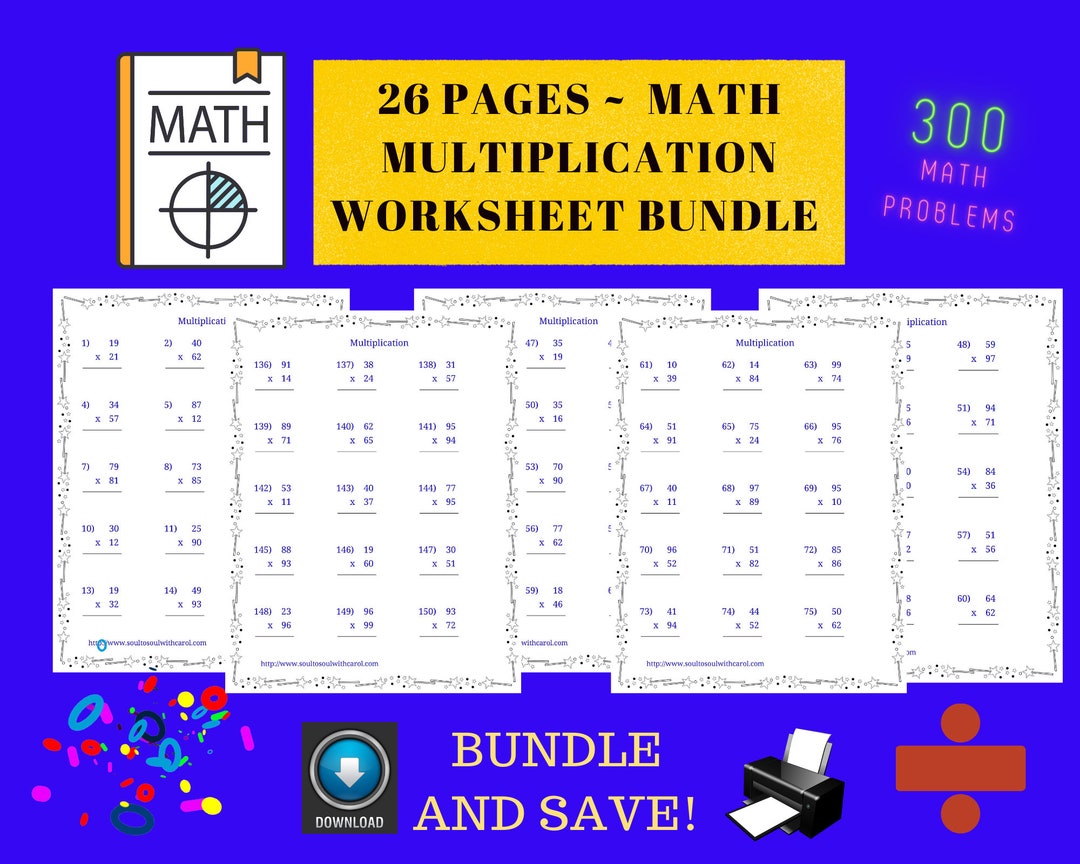 Math Worksheet Bundle / 300 Multiplication Problems Plus Answers ...
