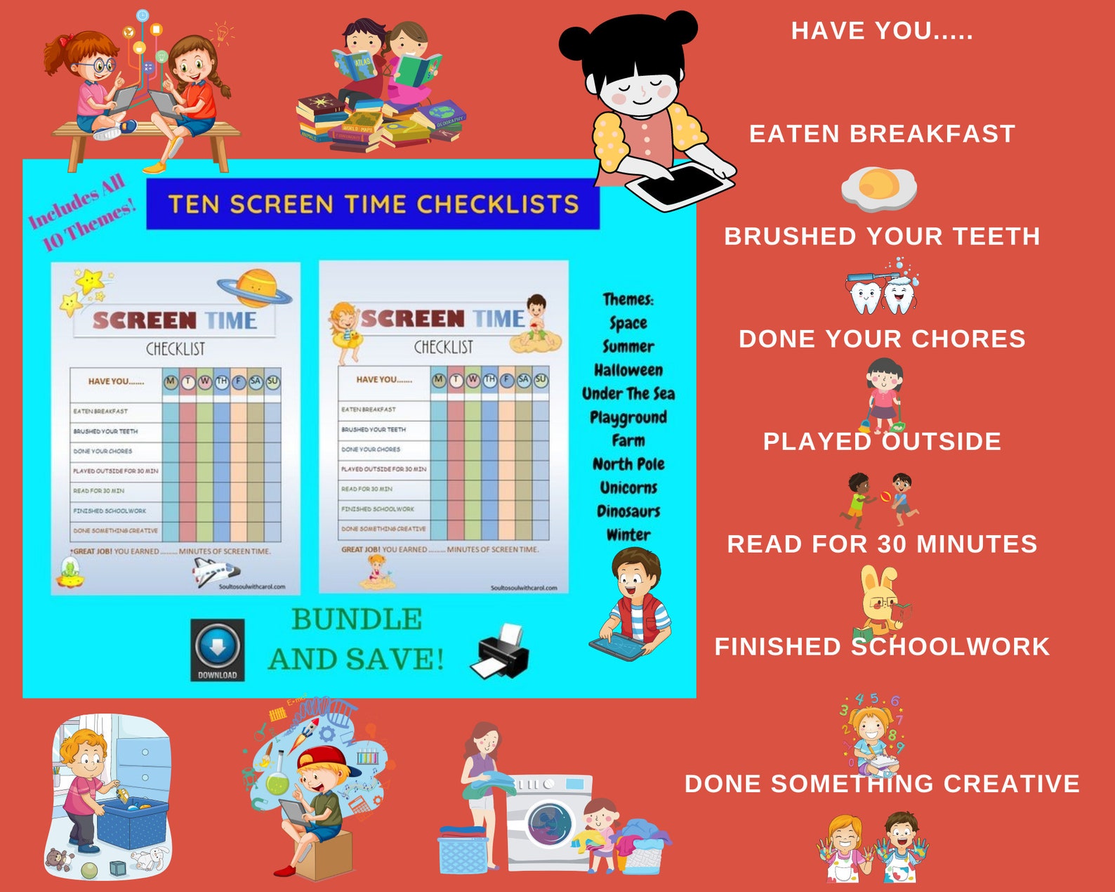 Kids Reminder Checklist Bundle! Two Chore Charts and Ten Screen Time ...