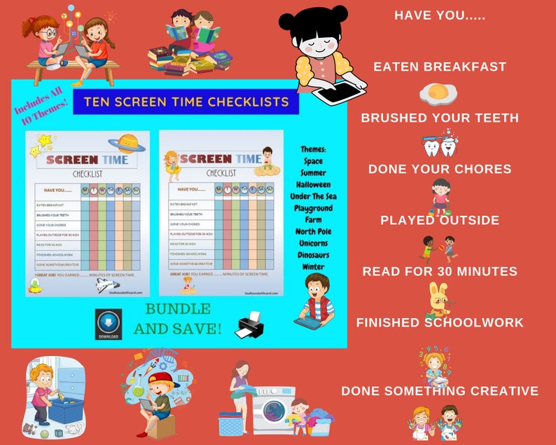 Kids Reminder Checklist Bundle Two Chore Charts and Ten Screen Time ...