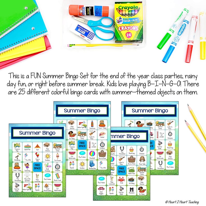 Summer Bingo Game for Kids 25 Cards First Day of Summer Bingo Game ...