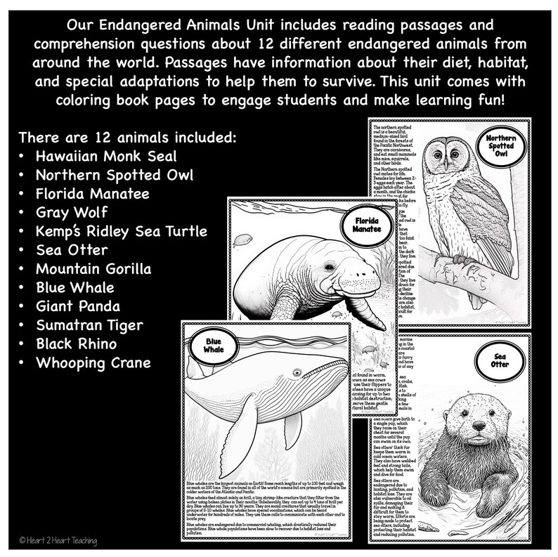 Endangered Animals Unit | Reading Passages, Comprehension, Coloring ...