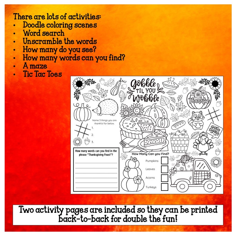Thanksgiving Coloring Placemats: Kids Activity Mats (digital Download ...
