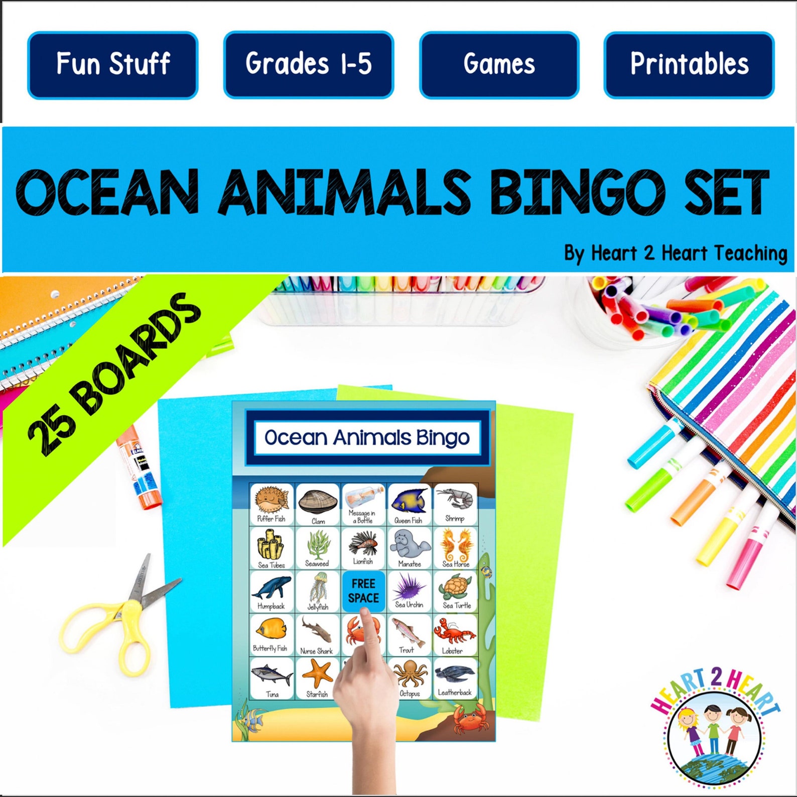 Ocean Animals Printable Bingo Game for Kids 25 Cards Marine Animals Sea ...