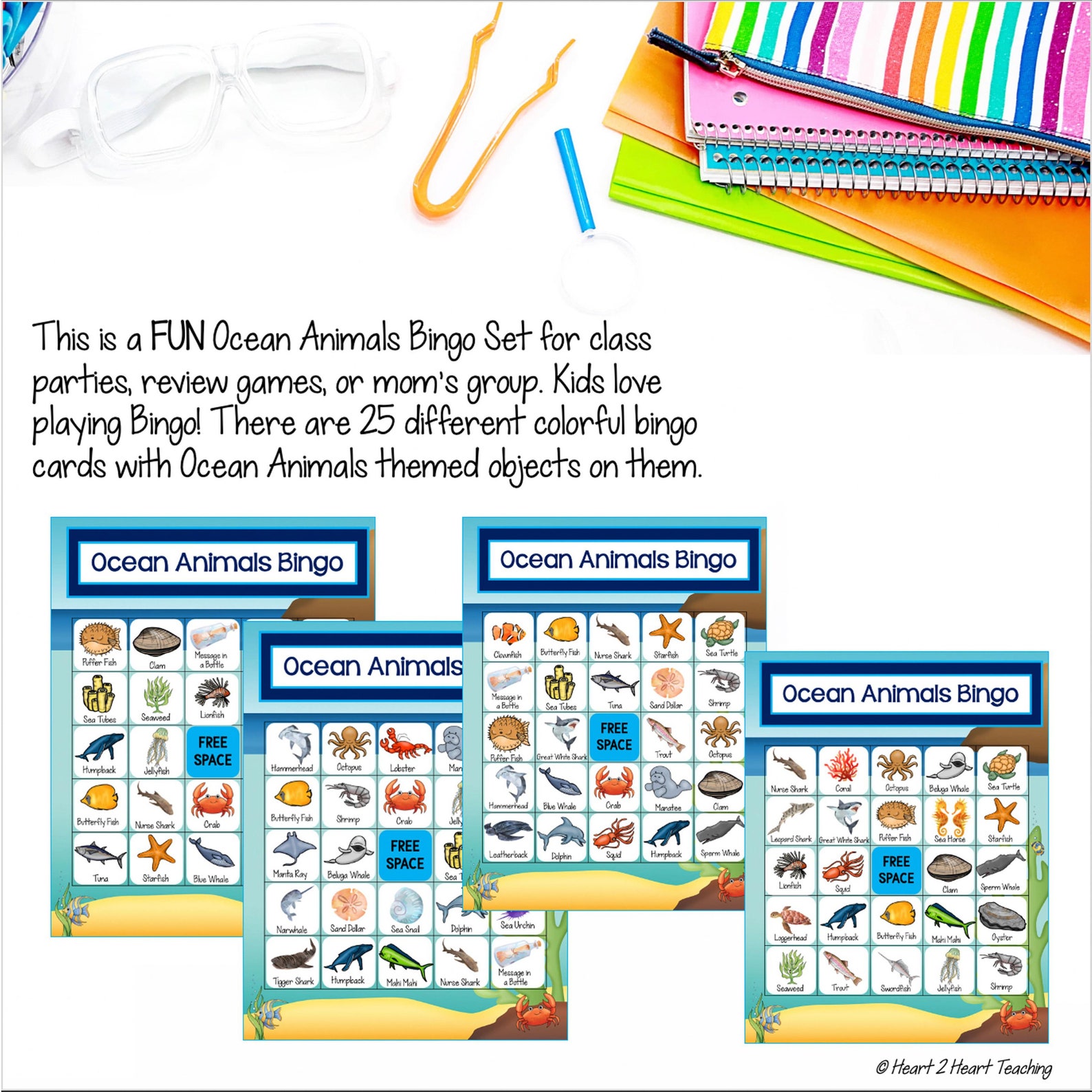 Ocean Animals Printable Bingo Game for Kids 25 Cards Marine Animals Sea ...