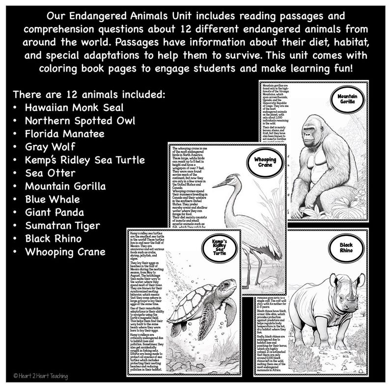 Endangered Animals Unit | Reading Passages, Comprehension, Coloring ...