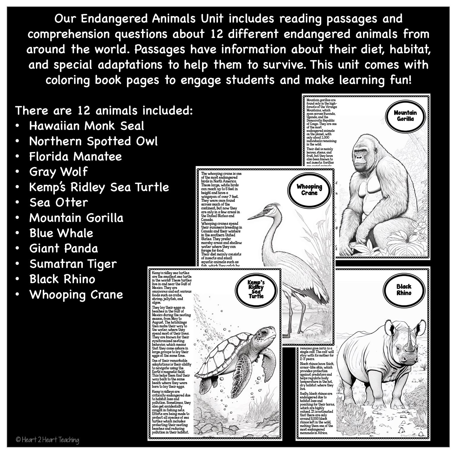 Endangered Animals Unit | Reading Passages, Comprehension, Coloring ...