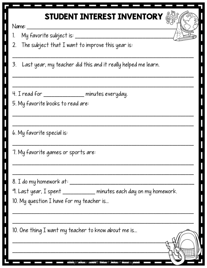 Student Interest Inventory Student Survey Questionnaire Back to School ...