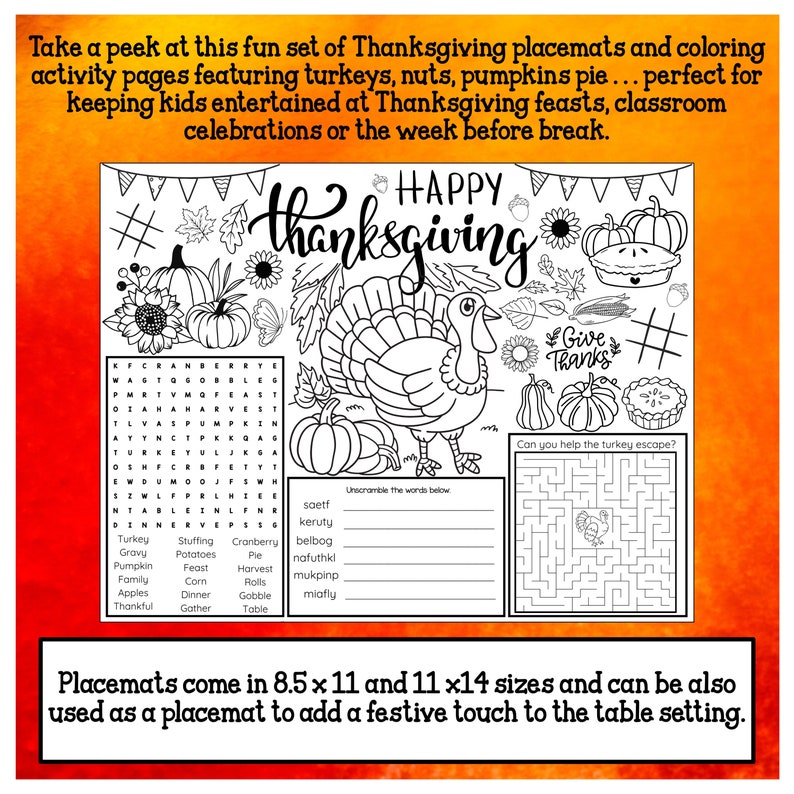Thanksgiving Coloring Placemats: Kids Activity Mats (digital Download ...