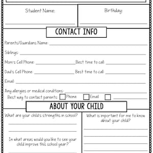 Parent Contact Forms: Student Information Sheet for Teachers (digital ...