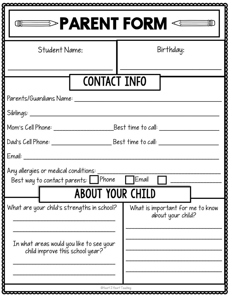 Parent Contact Forms: Student Information Sheet for Teachers (digital ...