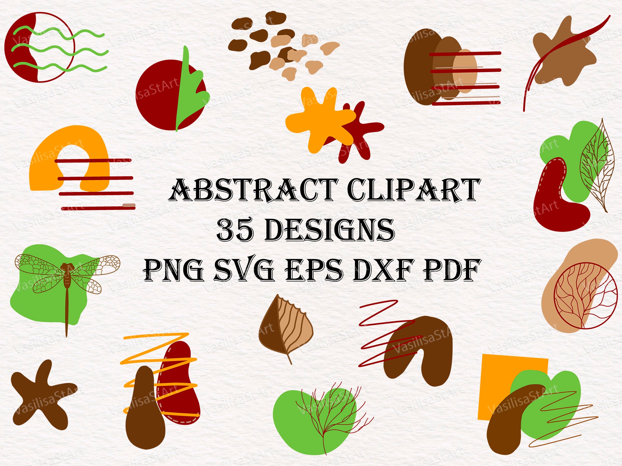 Boho Clipart, Modern Abstract Shapes Clipart, PNG Brown, Green ...