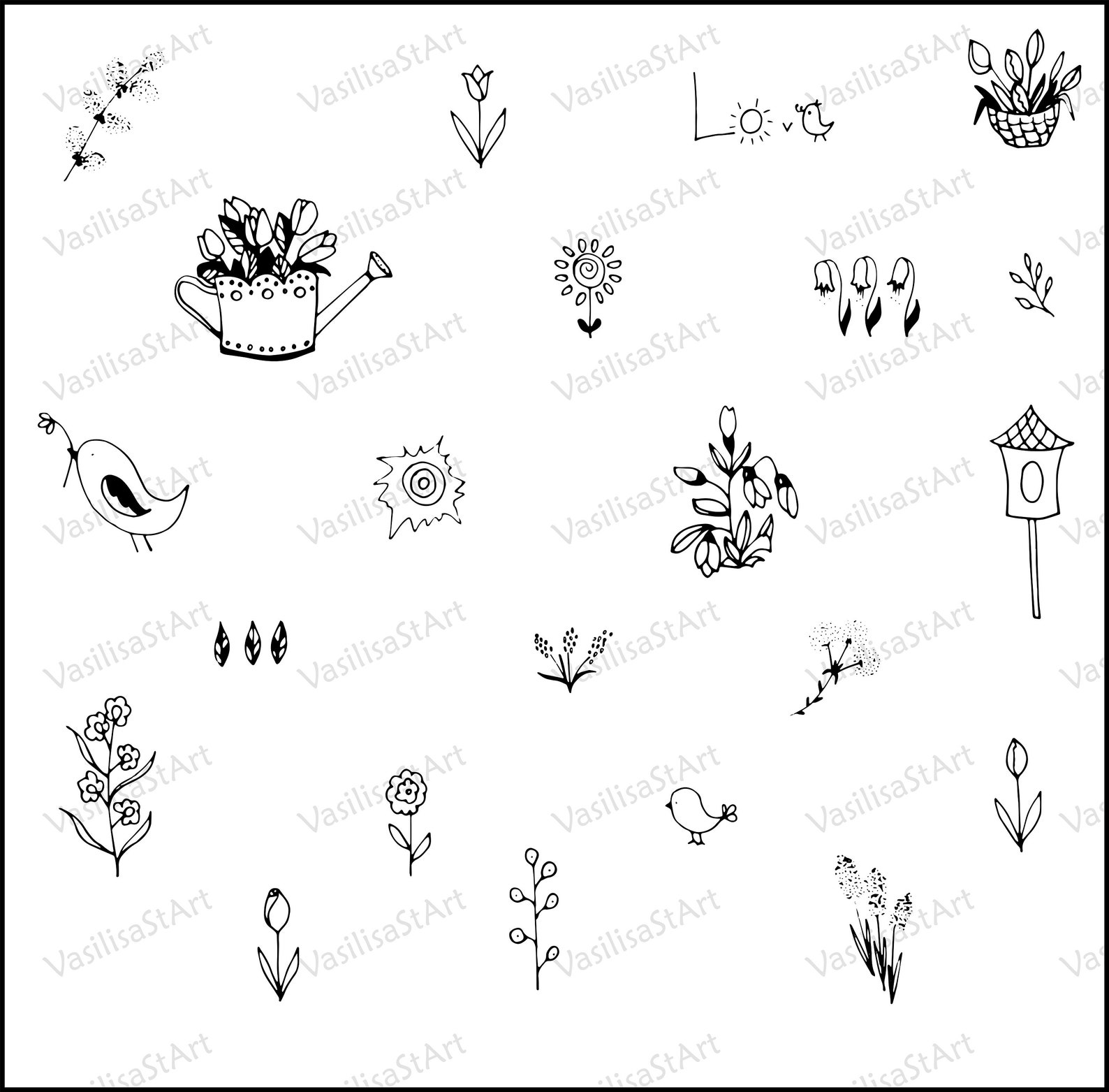 52 Spring doodles Vector Pack Svg Doodles Black and White | Etsy