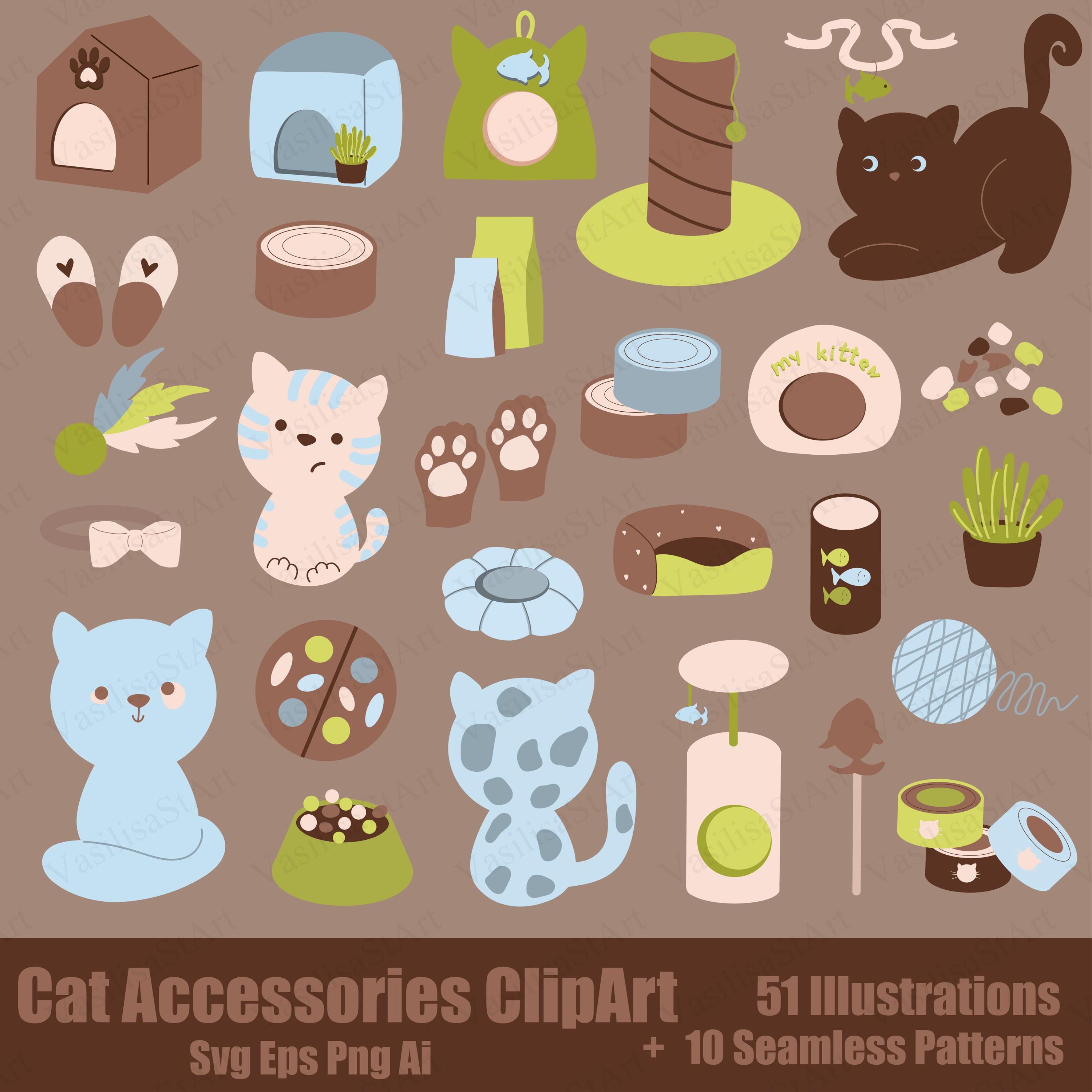 Cat Accessories Hand Drawn Clipart, Pet Supplies Vector Clipart, Cat ...
