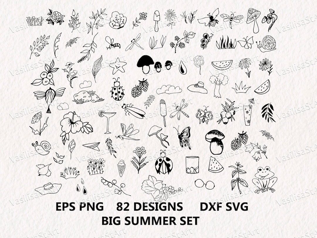 82 Summer Doodles Vector Pack, Svg Doodles, Black and White Clipart ...