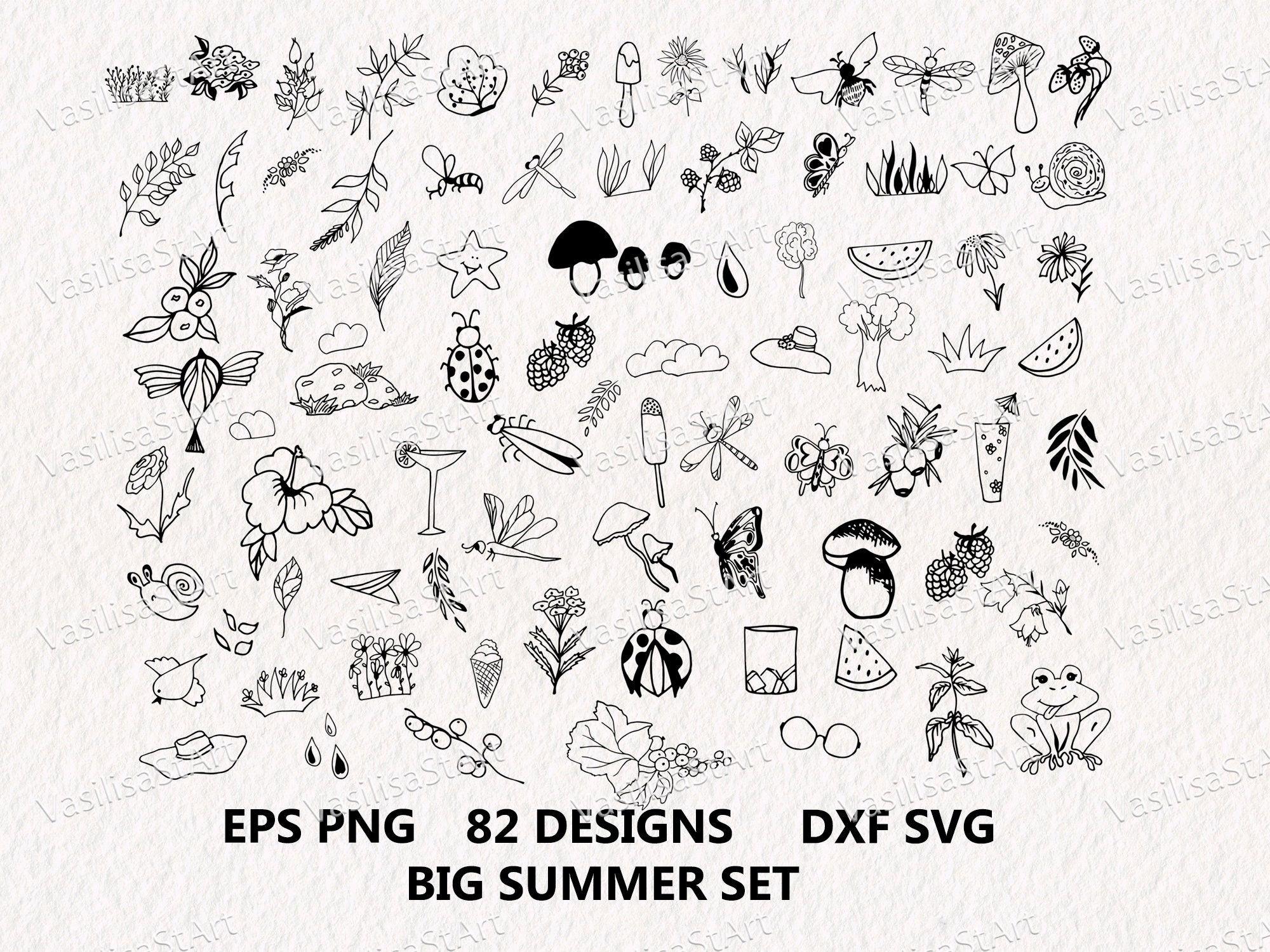 82 Summer Doodles Vector Pack, Svg Doodles, Black and White Clipart ...