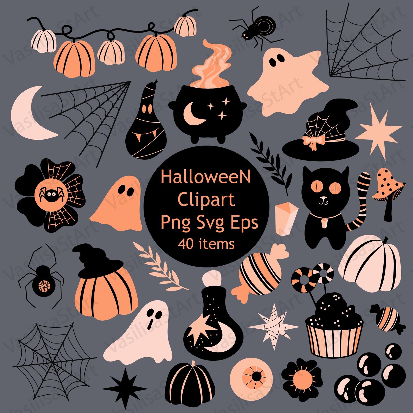 Halloween Vector Clipart Bundle, Svg, Eps, Png. Spooky Clipart. 40 Cute ...