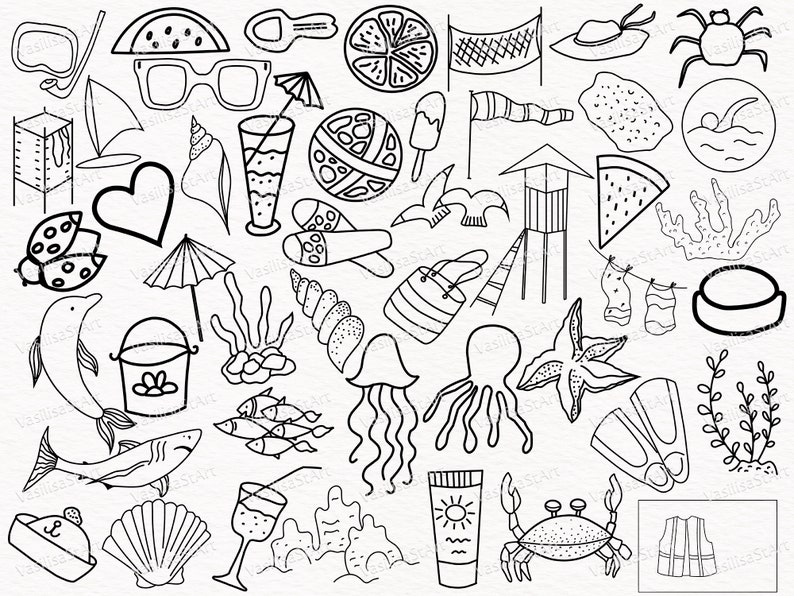 Beach Clipart, Summer Clipart, Travel Doodles, Hand-drawn Clipart ...