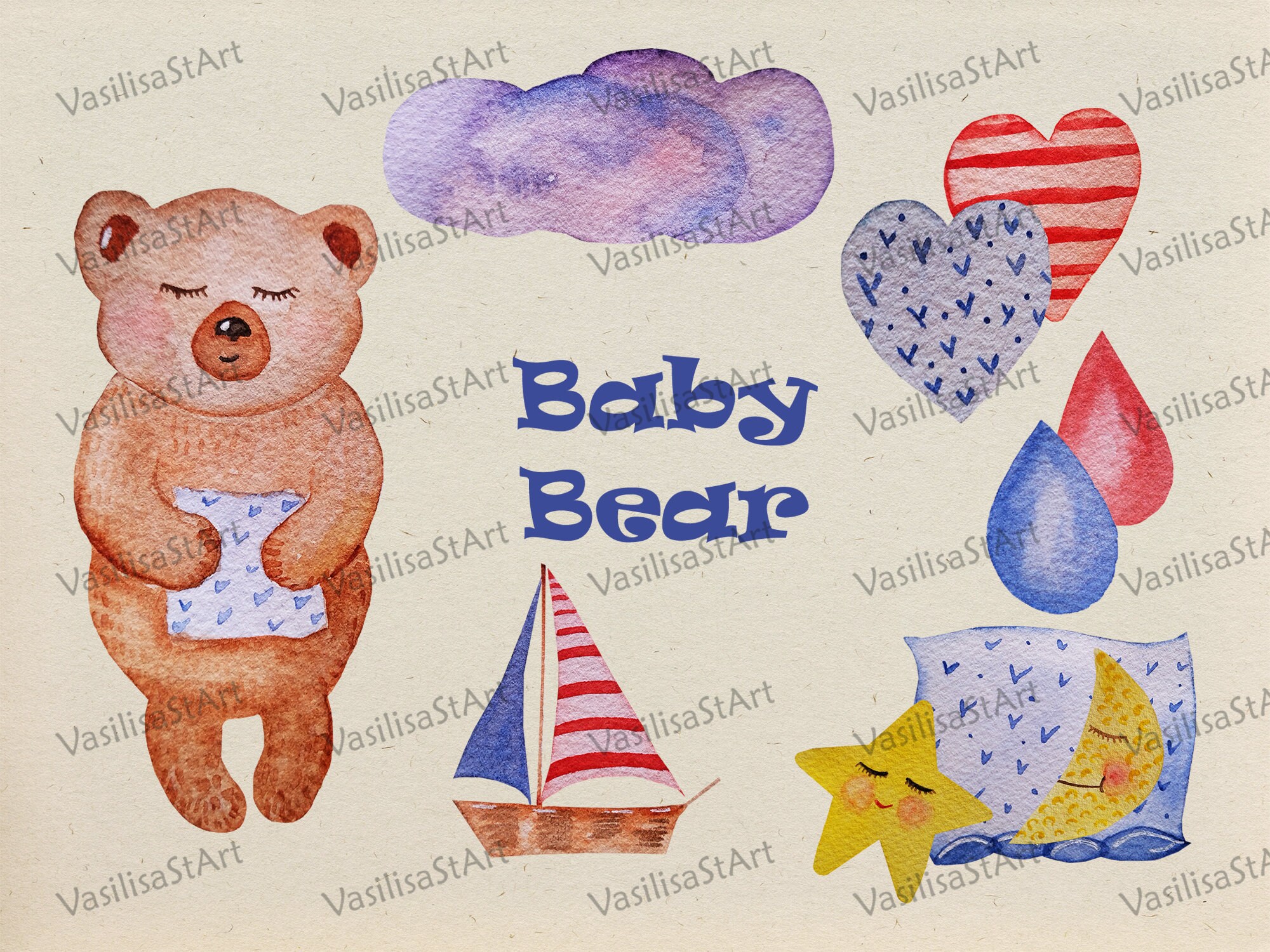 Baby Bear Watercolor Clipart Baby Boy Clipart Hand Drawn - Etsy