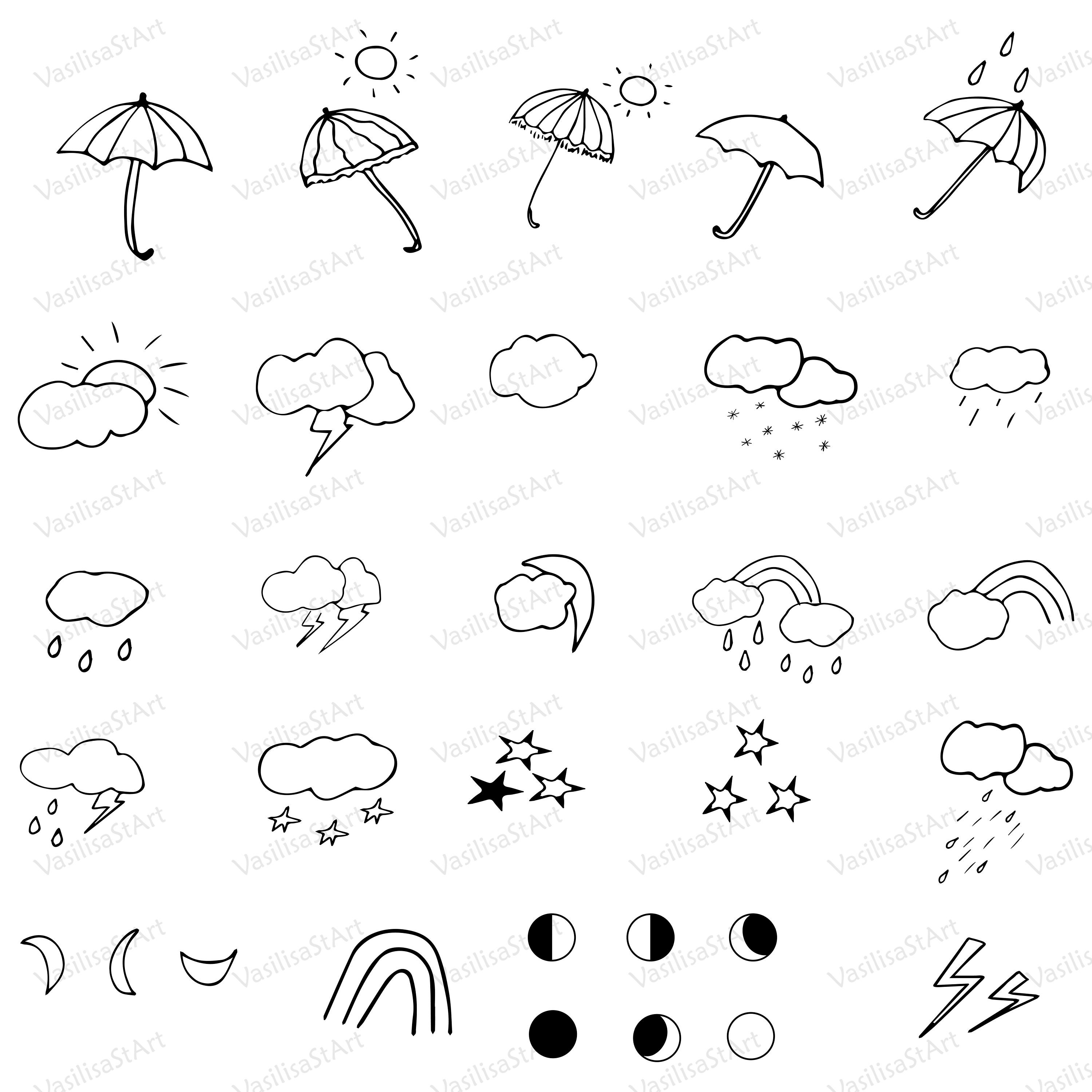 56 Weather Doodles Vector Pack, Svg Doodles, Black and White Clipart ...