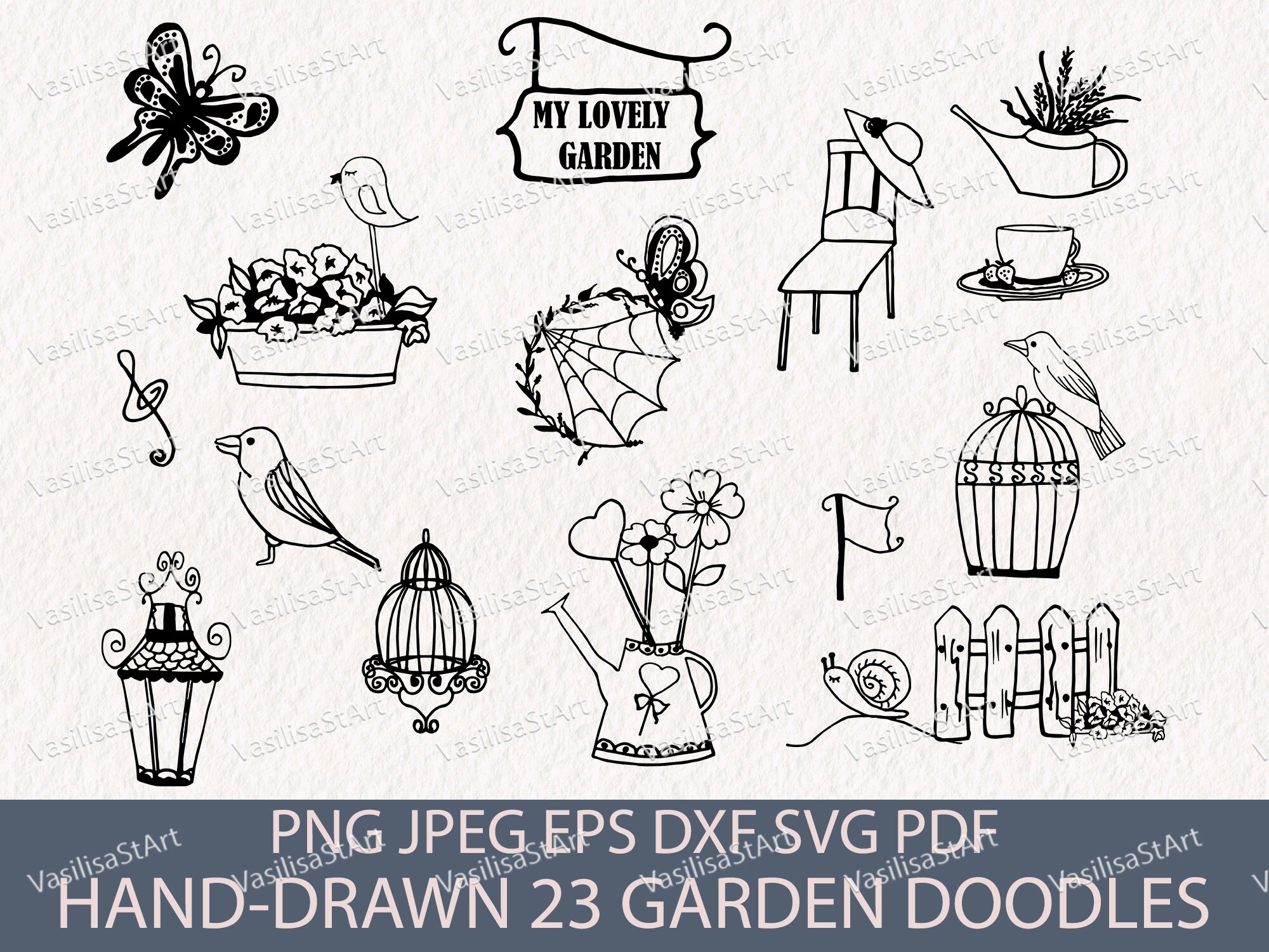 23 Garden Doodles Bundle, Vector Pack, Floral Clipart, Yard Stickers ...