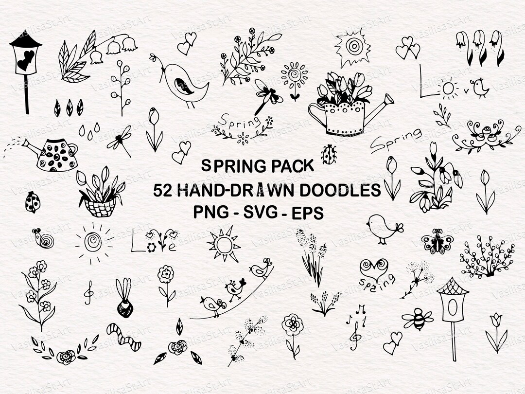 52 Spring Doodles Vector Pack, Svg Doodles, Black and White Clipart ...