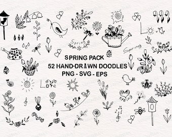 77 Spring Doodles Vector Pack, Svg Doodles, Black and White Clipart ...