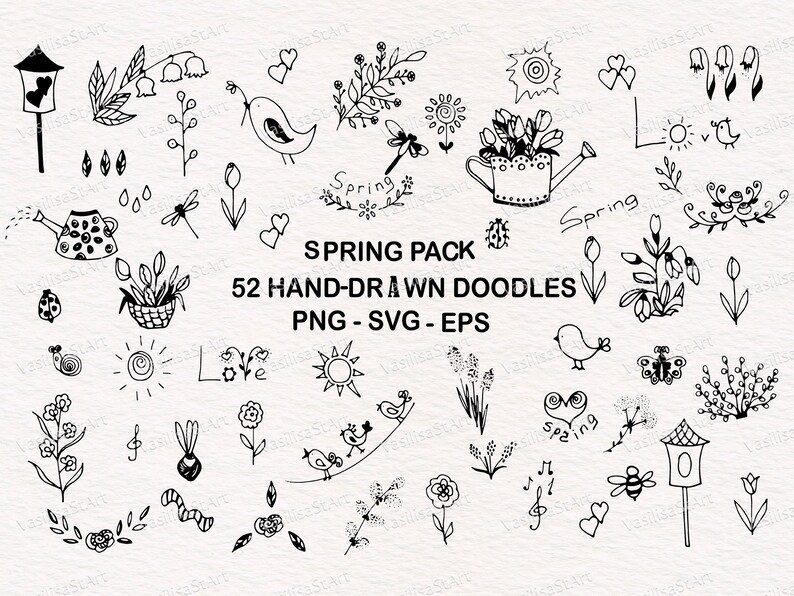 52 Spring Doodles Vector Pack, Svg Doodles, Black and White Clipart ...