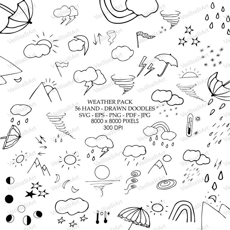 56 Weather Doodles Vector Pack, Svg Doodles, Black and White Clipart ...