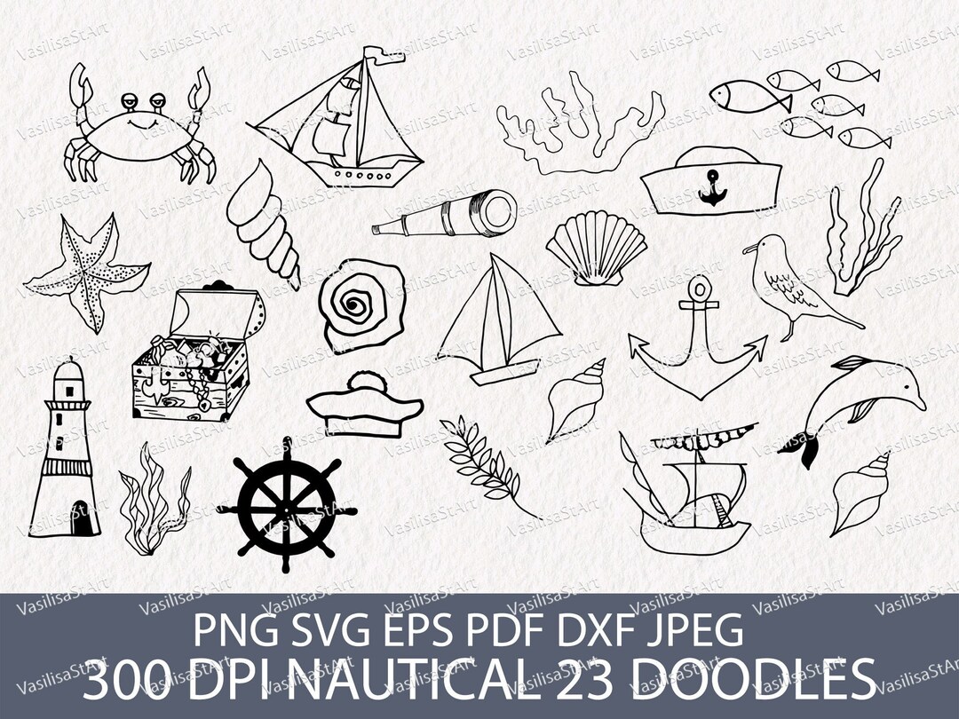 23 Nautical Doodles Bundle, Vector Pack, Ocean Clipart, Nautical ...