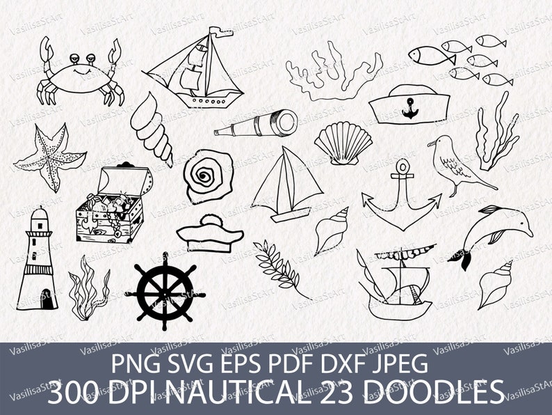 23 Nautical Doodles Bundle, Vector Pack, Ocean Clipart, Nautical ...