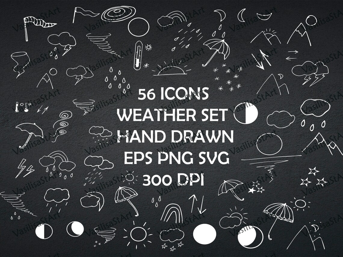 Hand Drawn Icons Weather Set, Svg Doodles, Black and White Clipart ...