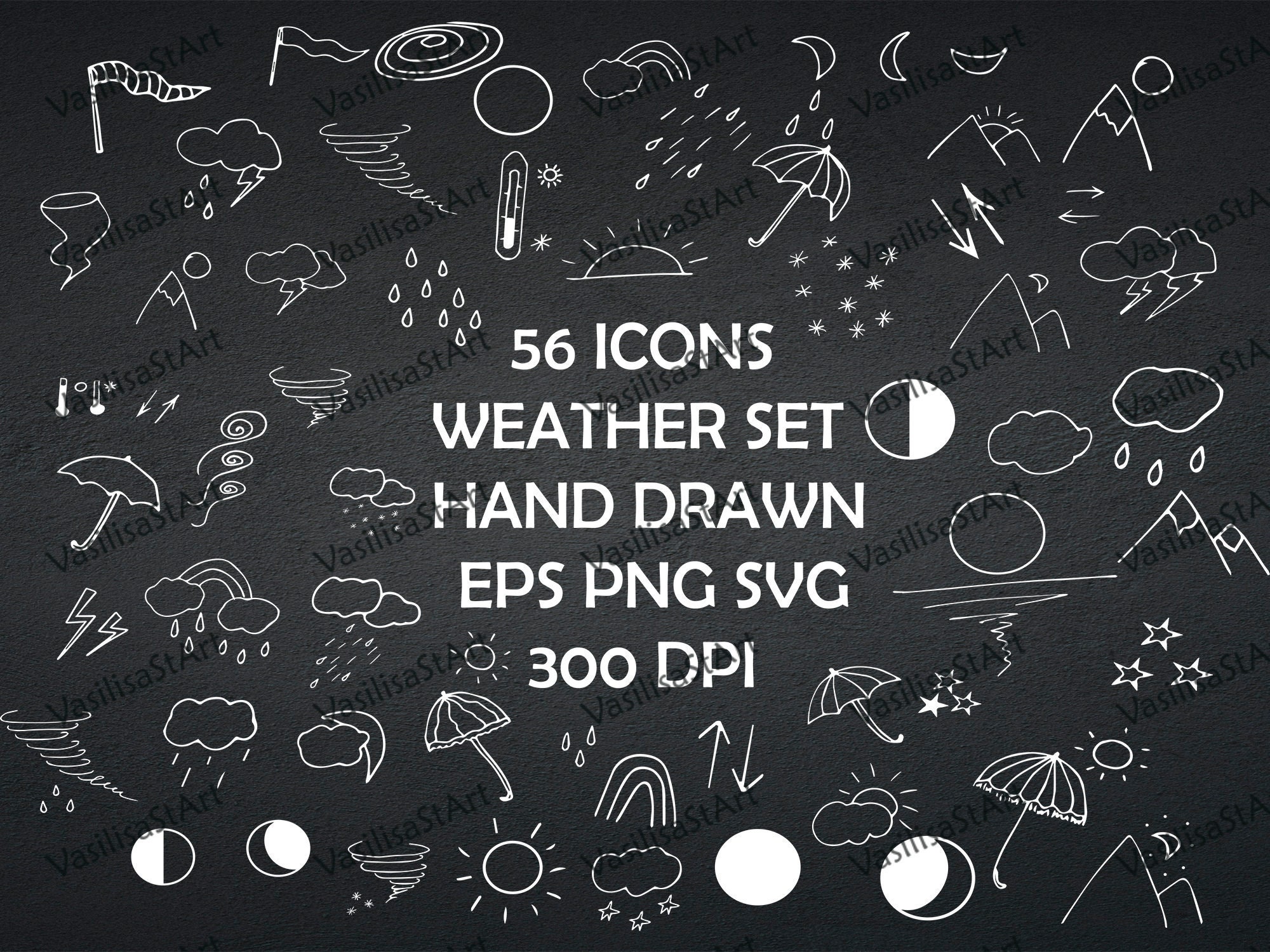 Hand Drawn Icons Weather Set, Svg Doodles, Black and White Clipart ...