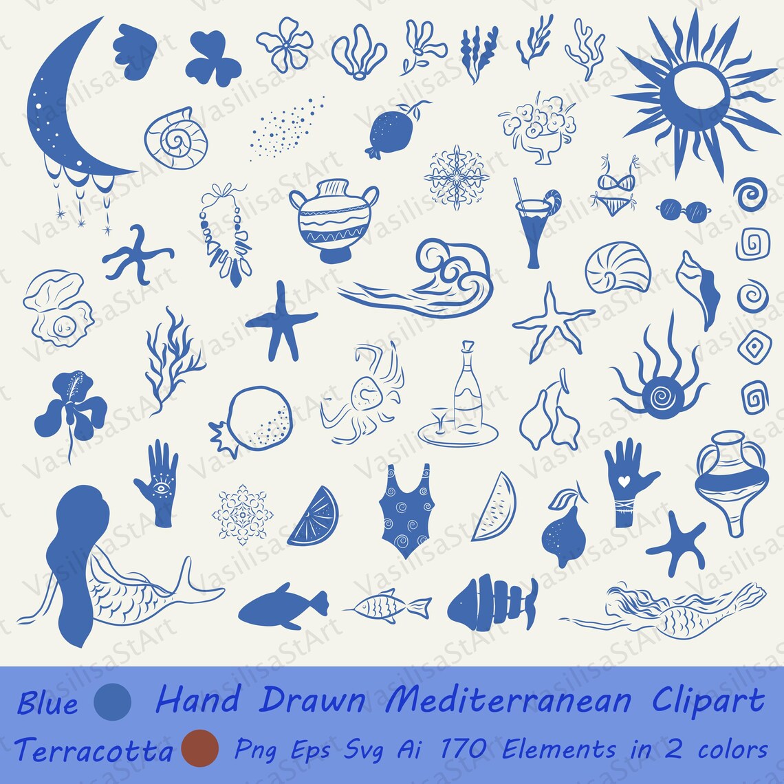 Hand Drawn Mediterranean Clipart, Coastal Graphics (digital Download ...
