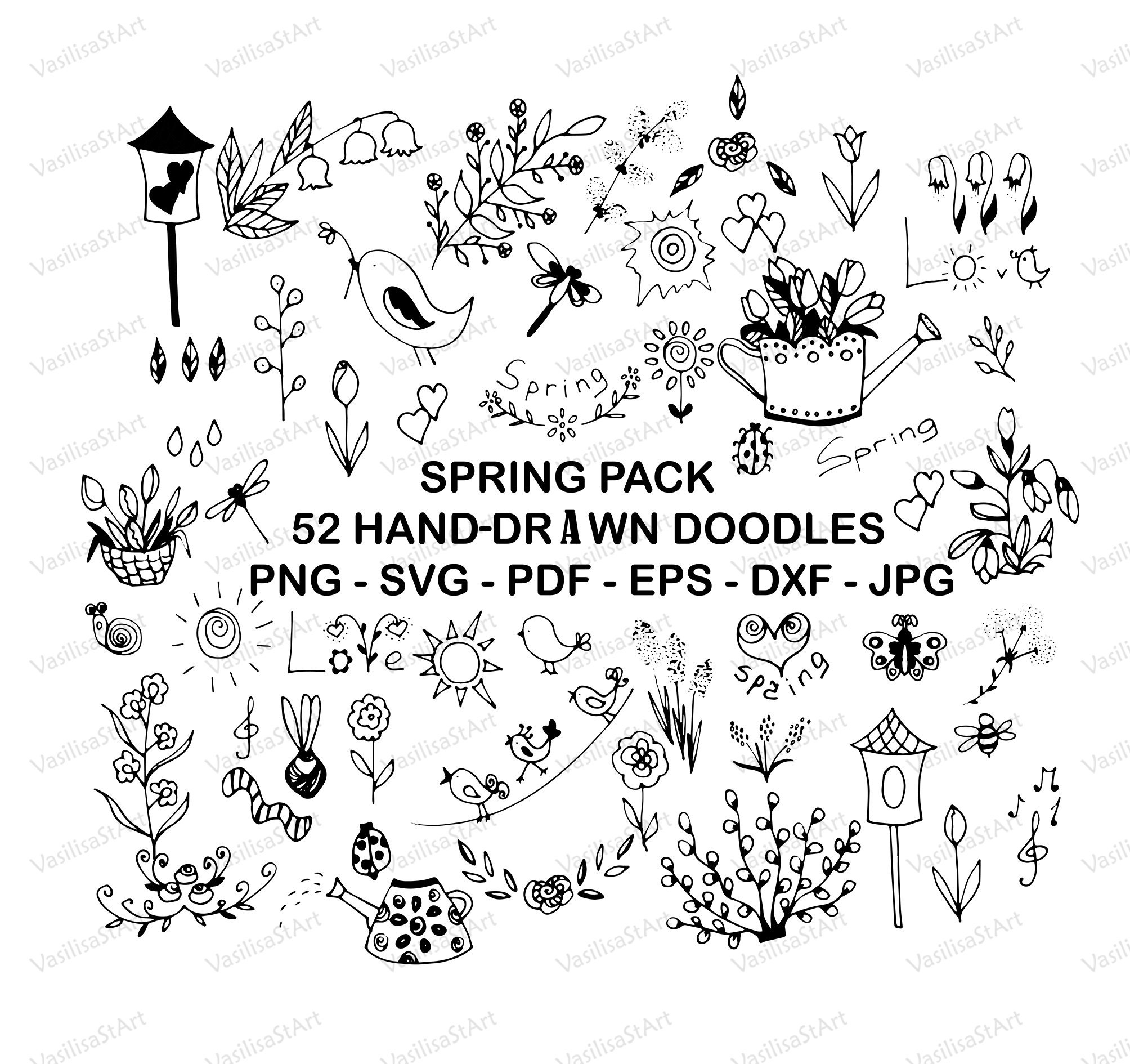 52 Spring doodles Vector Pack Svg Doodles Black and White | Etsy