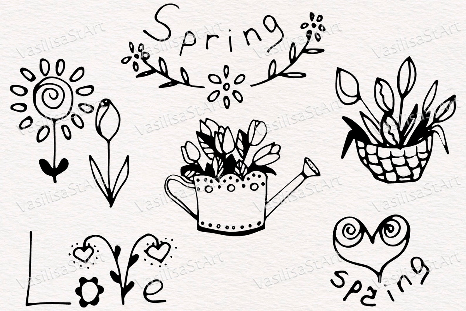 52 Spring Doodles Vector Pack, Svg Doodles, Black and White Clipart ...