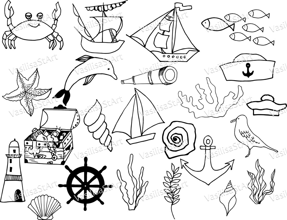 23 Nautical Doodles Bundle Vector Pack Ocean Clipart - Etsy