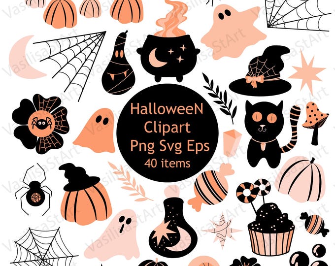 Halloween Vector Clipart Bundle, Svg, Eps, Png. Spooky Clipart. 40 Cute ...