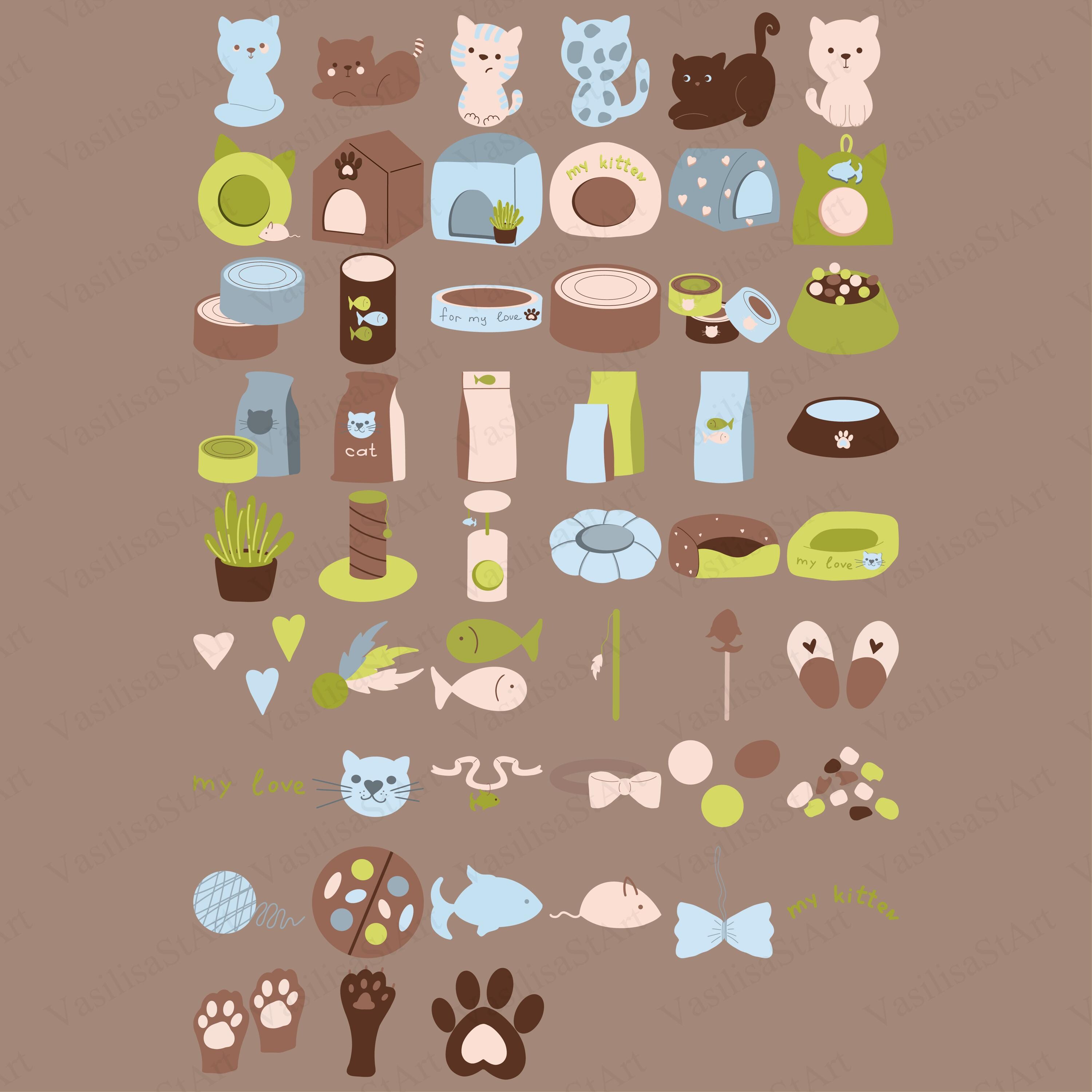 Cat Accessories Hand Drawn Clipart, Pet Supplies Vector Clipart, Cat ...