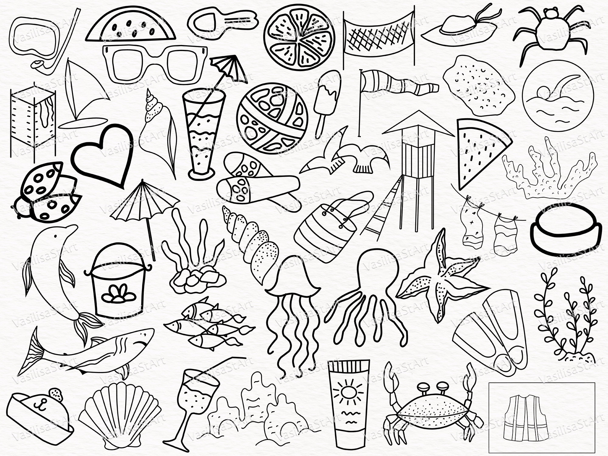 Beach Clipart, Summer Clipart, Travel Doodles, Hand-drawn Clipart ...