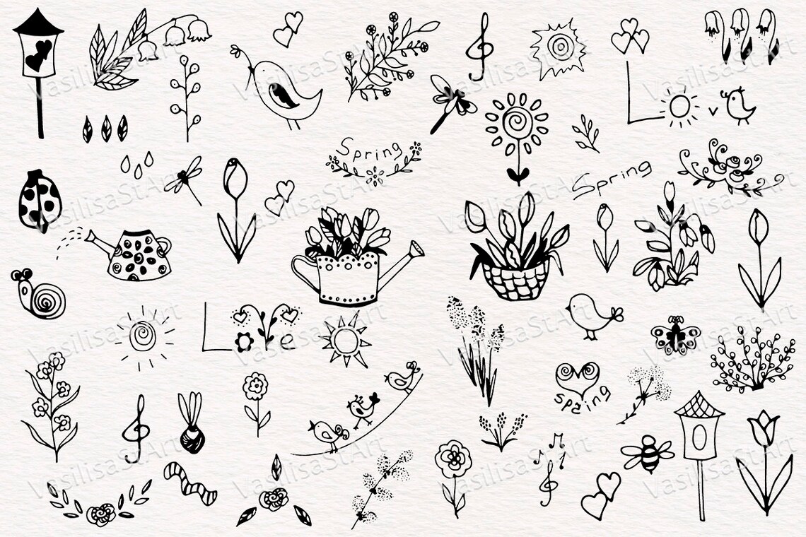 52 Spring Doodles Vector Pack, Svg Doodles, Black and White Clipart ...