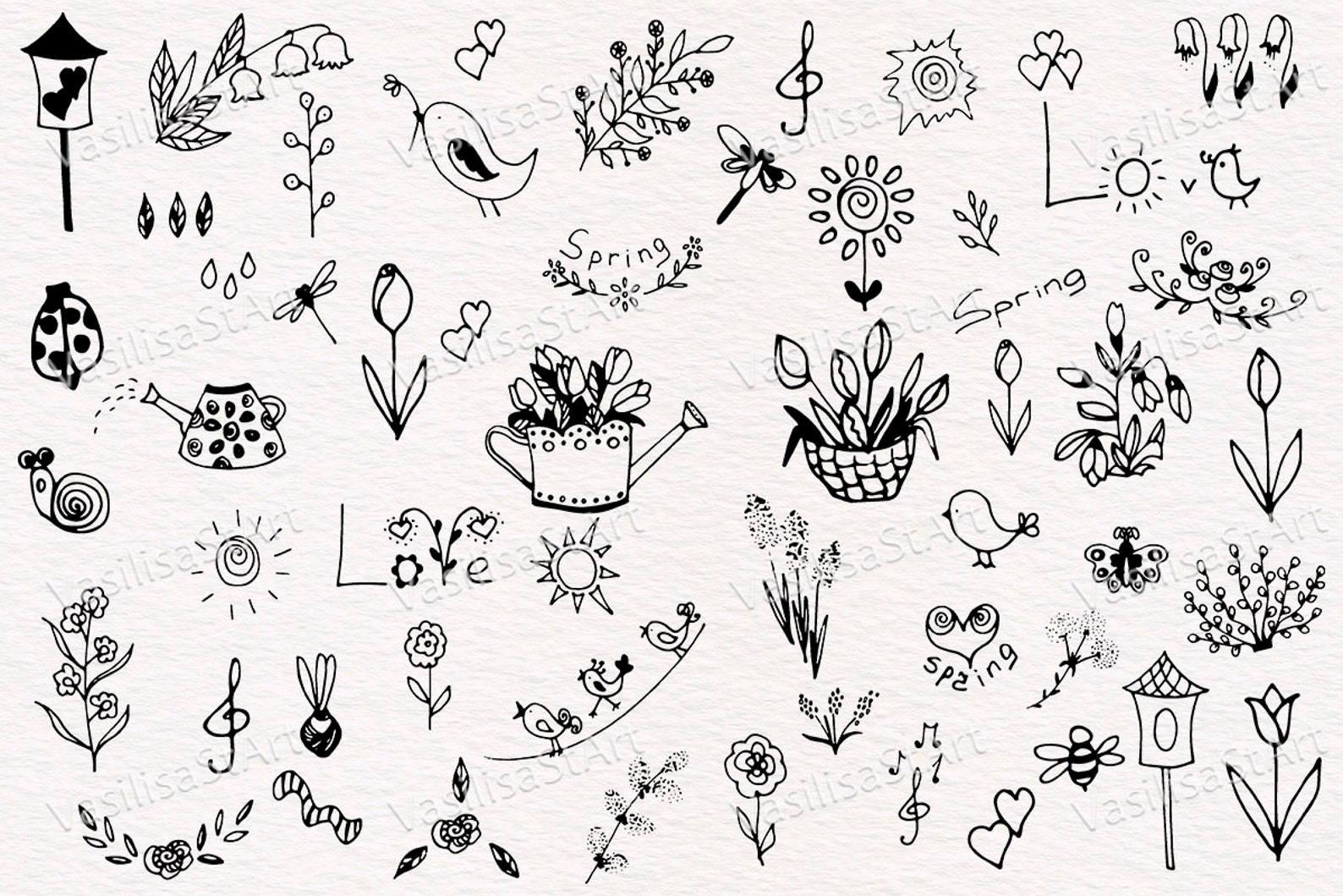 52 Spring Doodles Vector Pack, Svg Doodles, Black and White Clipart ...